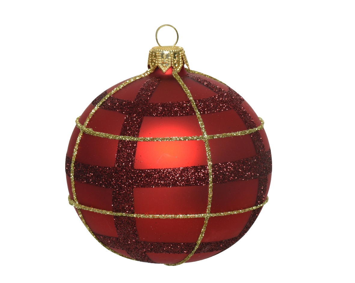 Rode Kerstbal met Ruitmotief | Glas | 8cm | Per stuk - Tuincollectie.nl